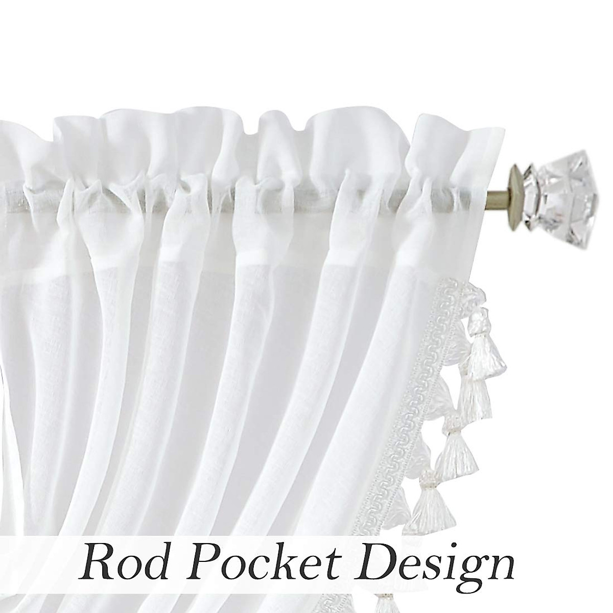 Central Park White Solid Waterfall Valance Window Curtain Linen Texture Rod Pocket with Tassel Accessories for Living and Bedroom Semi Sheer Kitchen Curtain, 56"x38", 1 Piece