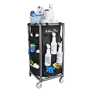 Housekeeping and Janitorial Cart with Rolling Wheels, Black Bag, Compact Steel Frame, Hammertone Finish