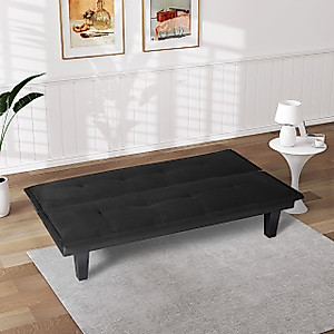 POCIYIHOME Futon Sleeper Sofa with Adjustable Back, Modern Twin Size Chaise with Brown Legs, 2-Seater Couch, Contemporary Home Furniture for Living Room,Bedroom,Office,Waiting Room, Faux Suede, Black