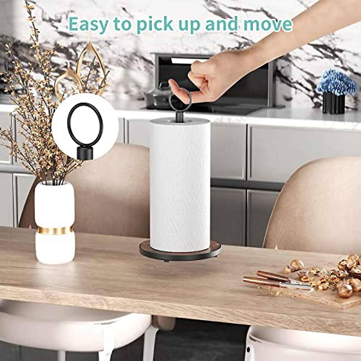 OROPY Paper Towel Holder Countertop with Heavy Duty Wood Base, Farmhouse Paper Towel Roll Stand for Kitchen Counter fits Standard and Jumbo Size Paper Towels (Brown)