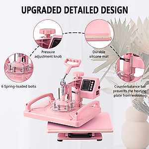 Leomru 8 in 1 Heat Press Machine 15x15 Inch, Heat Press Machine for T Shirts Hat Cap Mug Plate 360° Swing Away, Sublimation Heat Press Heat Transfer Machine W/ 30OZ Tumbler Press Pink