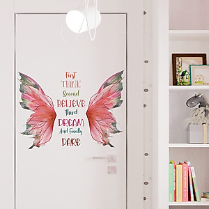 Pinenjoy Pink Butterfly Quotes Wall Decal Think Believe Dream Dare Inspirational Saying Wall Stickers Self-Adhesive Vinyl Wall Decor for Women Girls Bedroom Living Room Nursery