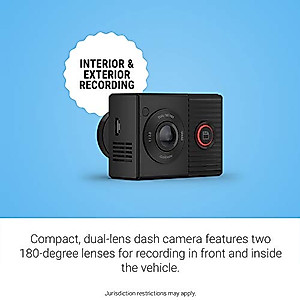 Garmin Dash Cam Tandem, Front and Rear Dual-lens Dash Camera With Interior Night Vision, Two 180-degree Lenses, Front-Facing Lens with 1440p, Interior-Facing Lens with 720p