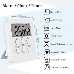 Digital Kitchen Timer with Mute/Lound Alarm Switch,3 in 1 Multifunctional Clock Alarm Count UP/Down Timer,24-Hours Memory Function Magnetic Timer for Cooking Learning(White)