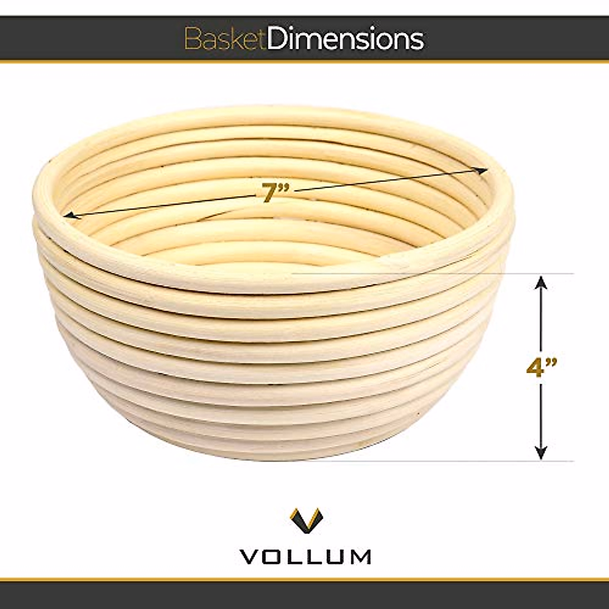 Vollum Bread Proofing Basket Banneton Baking Supplies for Beginners & Professional Bakers, Handwoven Rattan Cane Bread Maker for Artisan Breads, 7 x 4 Inch, 0.5-Pound Round Brotform Natural