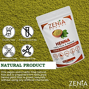 Zenia 100% Pure & Natural Henna Powder (Lawsonia Inermis) | 100 grams (3.5 oz) | Orange-Red Hair Color | Triple Sifted | Fresh from Rajasthan | No Chemicals, No Additives