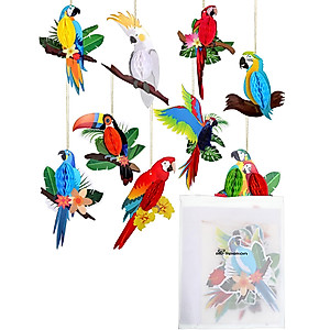 9 Pieces Tropical Birds Honeycomb Paper Cutouts Rio Luau Party Hanging Decorations Rainforest Hanging Paper Birds Hawaiian Summer Parrot Honeycomb Cutouts for Luau Summer Party Decor
