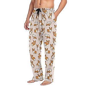 Ollabaky Dogs Pajama Pants for Men Cute Corgis PJs Bottoms with Pockets Men's Sleep Lounge Pants, L