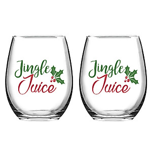 Jingle Juice Christmas Wine Glass, 15 Oz Funny Stemless Wine Glasses for Women Friends Men, Gift Idea for Christmas Wedding Party, Set of 2
