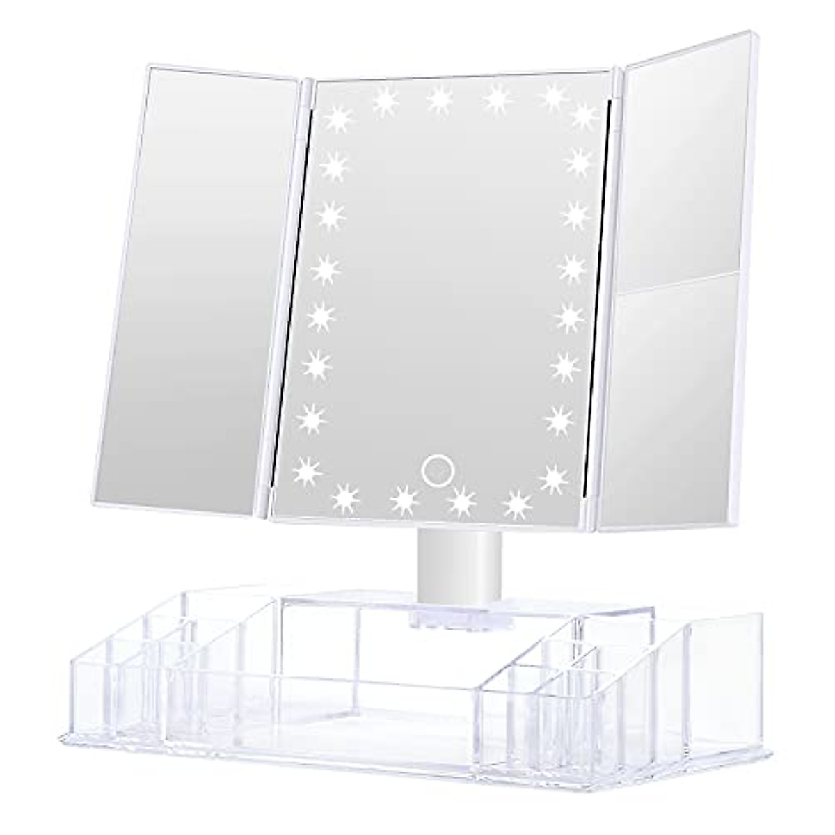 GULAURI Makeup Mirror - Lighted Makeup Mirror with Lights and Magnification, 3x/2x Magnifying, Tri-Fold Cosmetic Vanity Mirror with 24 LED Light and Storage, Touch Screen, 180 Degree Adjustable,White