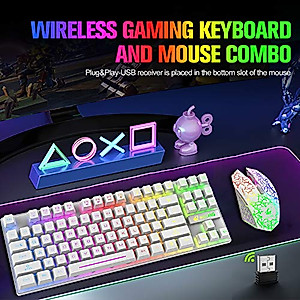 Wireless Gaming Keyboard Mouse and Wrist Rest Set with 87 Key Rainbow Backlight Rechargeable 3800mAh Battery Mechanical Feel Anti-ghosting Ergonomic Waterproof Mute Mice for PC Mac Gamer (White Mix)
