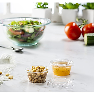 (2 oz - 100 Sets) Clear Diposable Plastic Portion Cups With Lids, Small Mini Containers For Portion Controll, Jello Shots, Meal Prep, Sauce Cups, Slime, Condiments, Medicine, Dressings, Crafts,