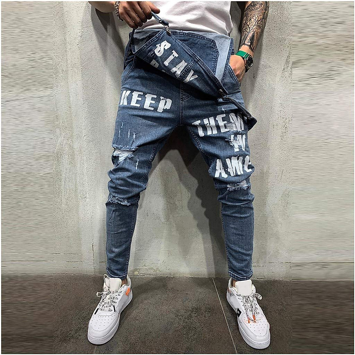 NEARTIME Jumpsuit Jeans for Mens, Mens Hole Pocket Jeans Overall Jumpsuit Streetwear Overall Suspender Pants