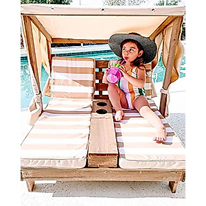 KidKraft Wooden Outdoor Double Chaise Lounge with Cup Holders, Patio Furniture for Kids or Pets, Espresso with Oatmeal and White Striped Fabric
