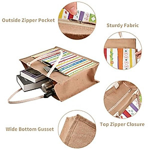 Jute Burlap Tote Rainbow Bohemian Striped Floral Flowers Leaves Tribal Ethnic Large Beach Bag Reusable Grocery Shopping Storage Bag