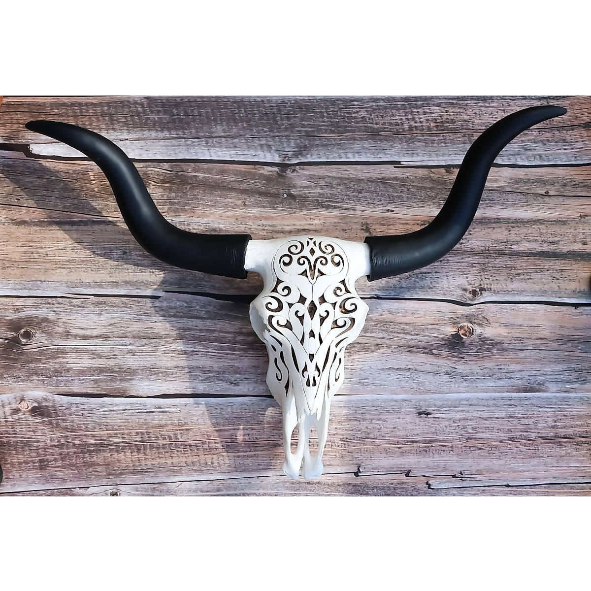 Ebros 27.5" Wide Southwest Rustic Off White Steer Bison Buffalo Bull Cow Horned Skull Head With Scroll Lace Filigree Design Hanging Wall Mount Decor Native Animal Totem Bust Skulls Western Accent
