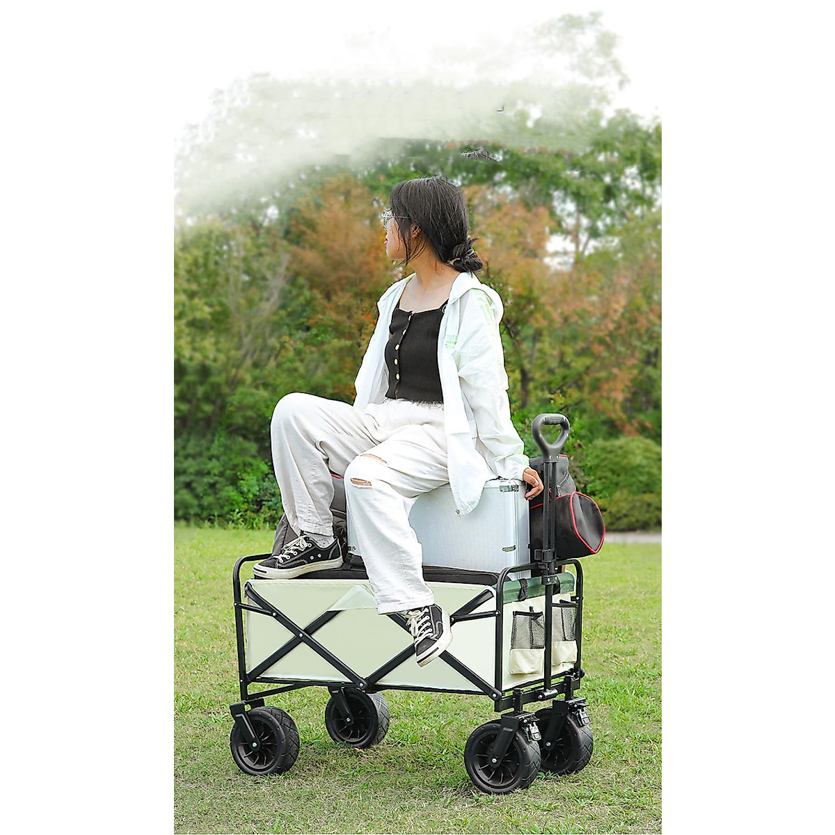 LAHTI Outdoor All-Terrain Folding Wagon, Collapsible Wagon with Adjustable Handle for Camping, Sports, Shopping Classic(White)/Wheels5inch