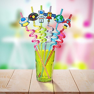 Outer Space Straws Party Favors for Theme Birthday Party Supplies with 2 Cleaning Brush | Solar System Rocket Spaceship Astronaut Satellite Planet Attachments (24+2)