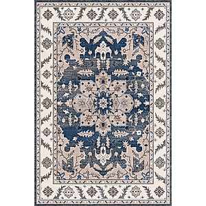 FINOREN Moroccan Distressed Area Rug,Stain Resistant Washable,Low Pile Non-slip Rug for Living Room Bedroom Dining Room Kitchen Indoor Office,Room Decorative Rugs,Blue,4x6 Feet