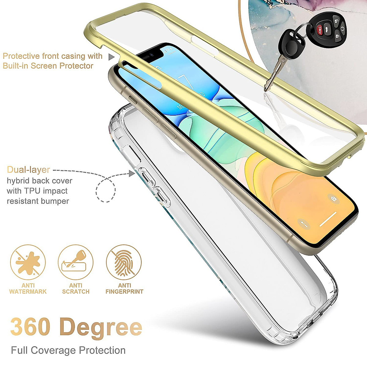 Esdot Compatible with iPhone 11 Pro Max Case with Built-in Screen Protector,with Fashionable Designs for Women Girls,Protective Phone Case for Apple iPhone 11 Pro Max 6.5" Turquoise Pink Marble