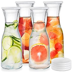 Kingrol 4 Pack Glass Pitchers, 34 Ounces/1 Liter Narrow Neck Glass Carafes for Water, Juicing, Iced Tea, Beverage, Wine, Mimosa Bar Supplies