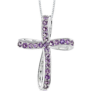 PEORA Amethyst Cross Pendant Necklace for Women 925 Sterling Silver, Natural Gemstone, 1.25 Carats total, with 18 inch Chain