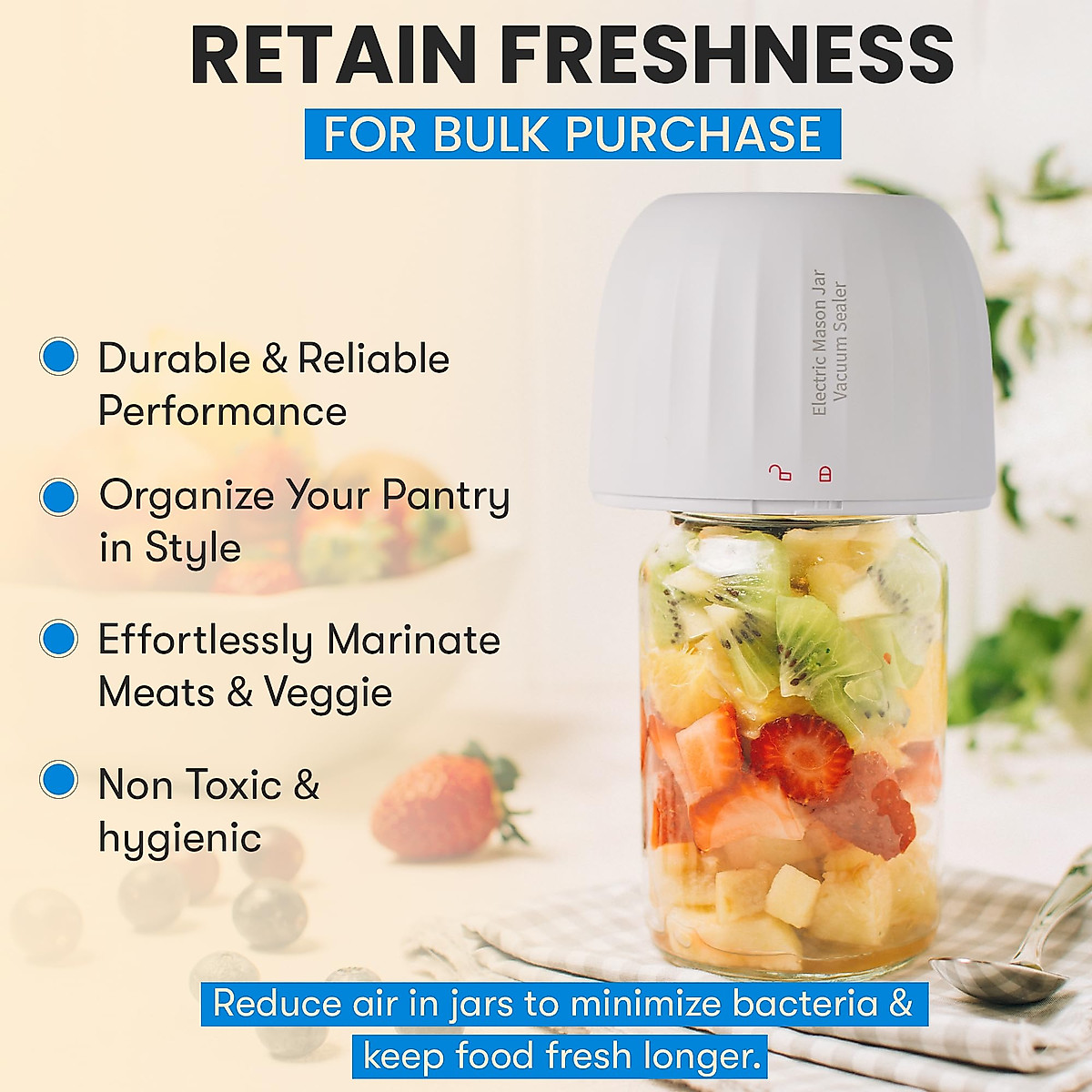 Electric Mason Jar Vacuum Sealer Kit, 3-in-1 Strong Suction, Handheld Rechargeable Sealer for Wide and Regular Mouth Mason Jars, Vacuum Bags, Jar Vacuum Sealer for Food Storage, Canning (White)