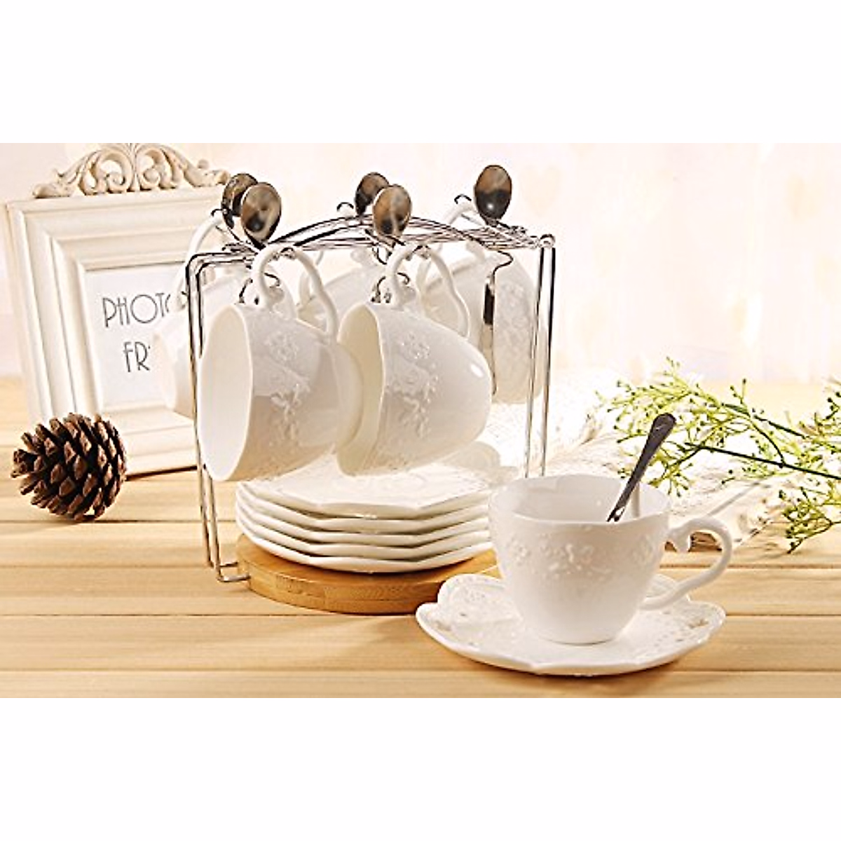 Jusalpha® White Porcelain 5OZ- Tea Cup and Saucer Coffee Cup Set with Saucer and Spoon, Set of 6 (6 Tea Cup Set With Bracket)