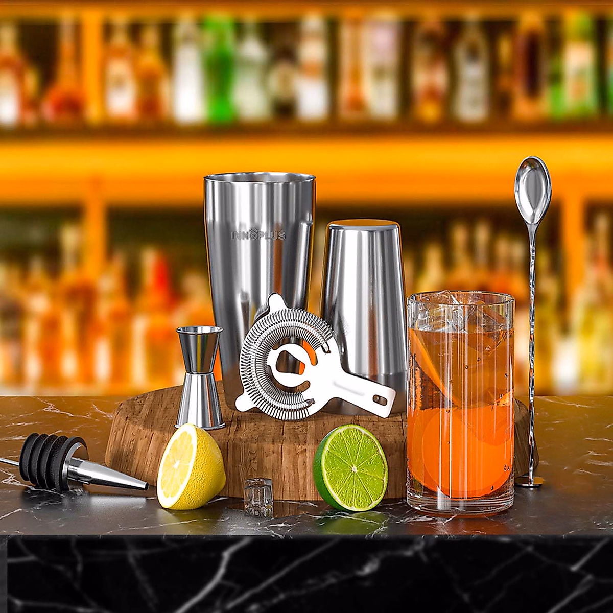 Cocktail Shaker, Martini Shaker, Drink Shaker, Cocktail Shaker Set 6 Piece, Boston Shaker, Bar Set, Cocktail Strainer, Bar Tools, Bartender Kit, Stainless Steel Double Measuring Jigger, Mixing Spoon