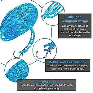 iCJJL Clothesline Adjustable Windproof Clothes Drying Rope Portable Hanging Rope for Home Use, Camping Travel, Indoor Outdoor Laundry Plastic Non-Slip(8M) (Blue)