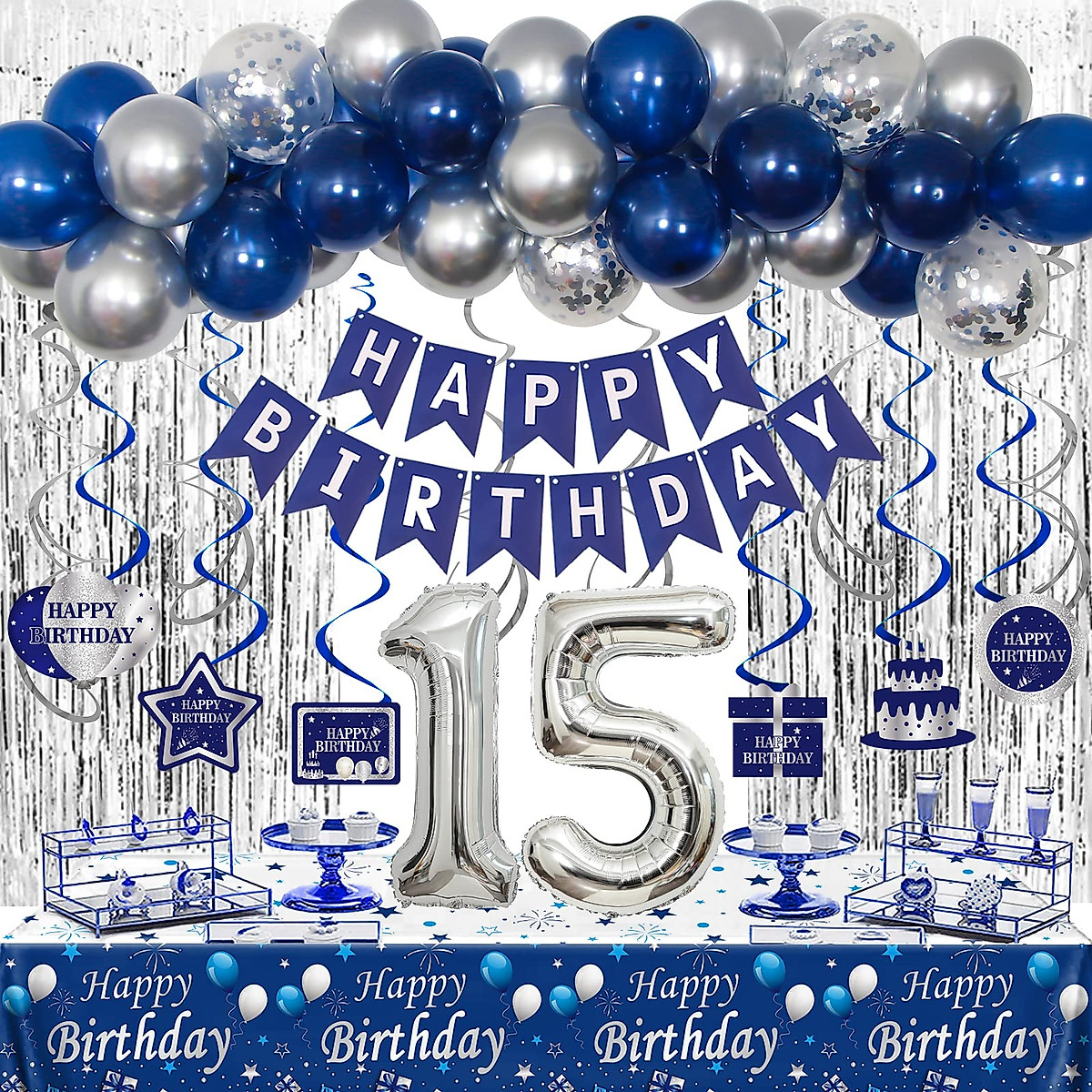 15th Birthday Decorations for Boys and Girls Blue Silver, Happy 15th Birthday Decorations Banner Birthday Balloons Number 15 Tablecloth Fringe Curtains Hanging Swirls, 15 Years Old Bday Party Supplies