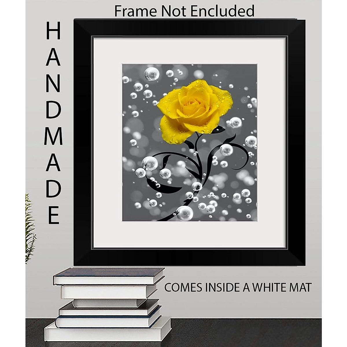 Yellow Rose Flower Bubbles Decorative Bathroom Wall Decor Photography Handmade Matted Wall Art Picture (Blue)