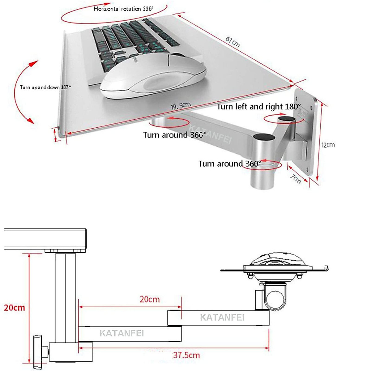 KATANFEI Wall Mount Keyboard Arm, Keyboard Tray Mouse Platform, Pull-Out Keyboard/Mouse Arm Mount Tray, Adjustable Keyboard Platform Silver Flexible Industrial Shelf (2 arm40cm)