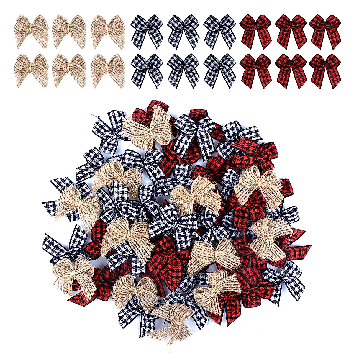 MAIOUSU STORE 75PCS Christmas Mini Plaid Bows Burlap Bows Mini Ribbon Burlap Bow Gingham Ribbon Bows Ornament for Christmas Tree Crafts Home Decoration Treat Bags Gift Wrapping Christmas Party