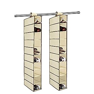 TSY TOOL 2 Pack 10 Shelves compartments Fabric Hanging Closet Shoe Storage Organizer, for Shoes, Handbags, Clutches , Accessories & Clothing , Hangs Over The Closet Rod , 6 x 12 x 47 inch