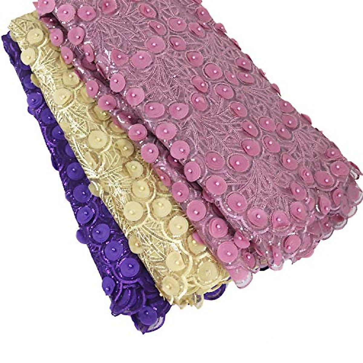 Aisunne African Lace Fabrics 5 Yards Nigerian French Lace Fabric with 3D Flower Fashion Embroidered Beading and Sequin for Wedding Party Dresses (Light Purple)