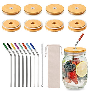 Bamboo Mason Jar Lids with Straw Hole, Stainless Steel Reusable Straws with Colored Silicone Tips, Straw Cleaner Brush and Polyester Bag, 70mm Bamboo Mason Jar Lids (Regular Mouth)