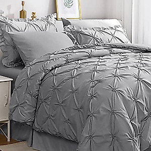 JOLLYVOGUE Queen Comforter Set 8 Pieces, Pintuck Gray Bed in a Bag Comforter Set for Bedroom, Beddding Sets with Comforter, Sheets, Bed Skirt, Ruffled Shams & Pillowcases