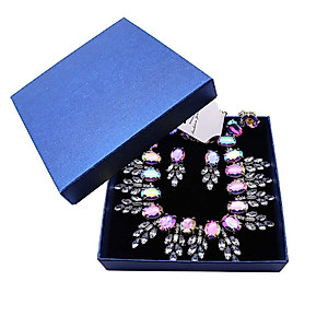 Zthread Luxury Colorful Crystal Statement Necklace Leaf Pendant Choker Eveing Dress Bridal Jewelry Necklace Earrings Set for Women (Purple)