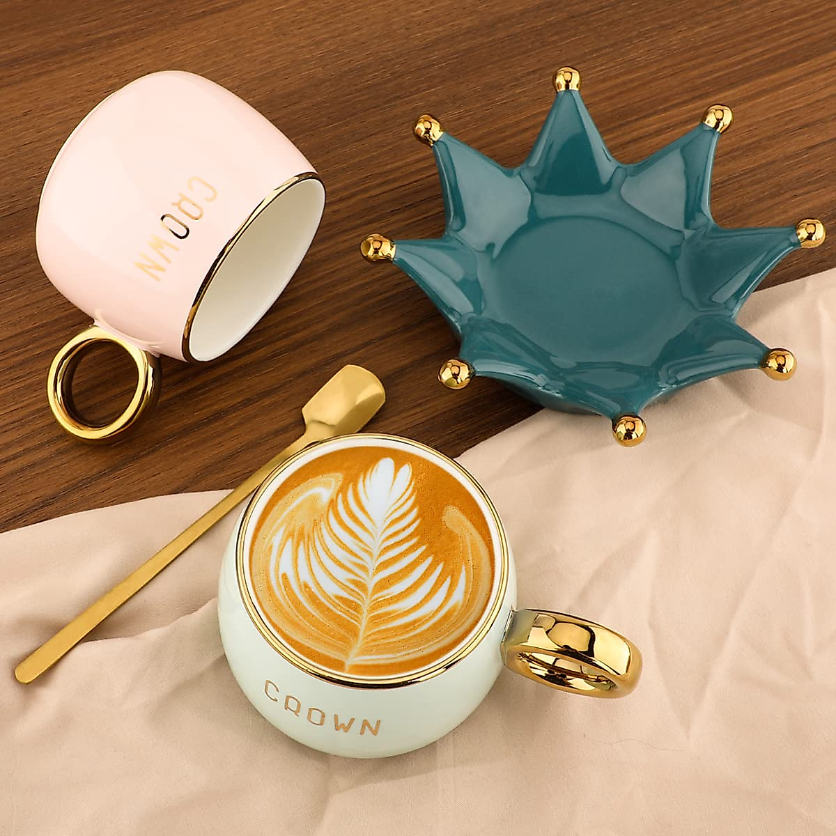 7.4 OZ Mug Ceramic Coffee Cup with Crown Saucer & Spoon, Christmas Gifts Mom Birthday Gifts Mother's Day for Mother,Espresso Coffee mug Tea cup (green)