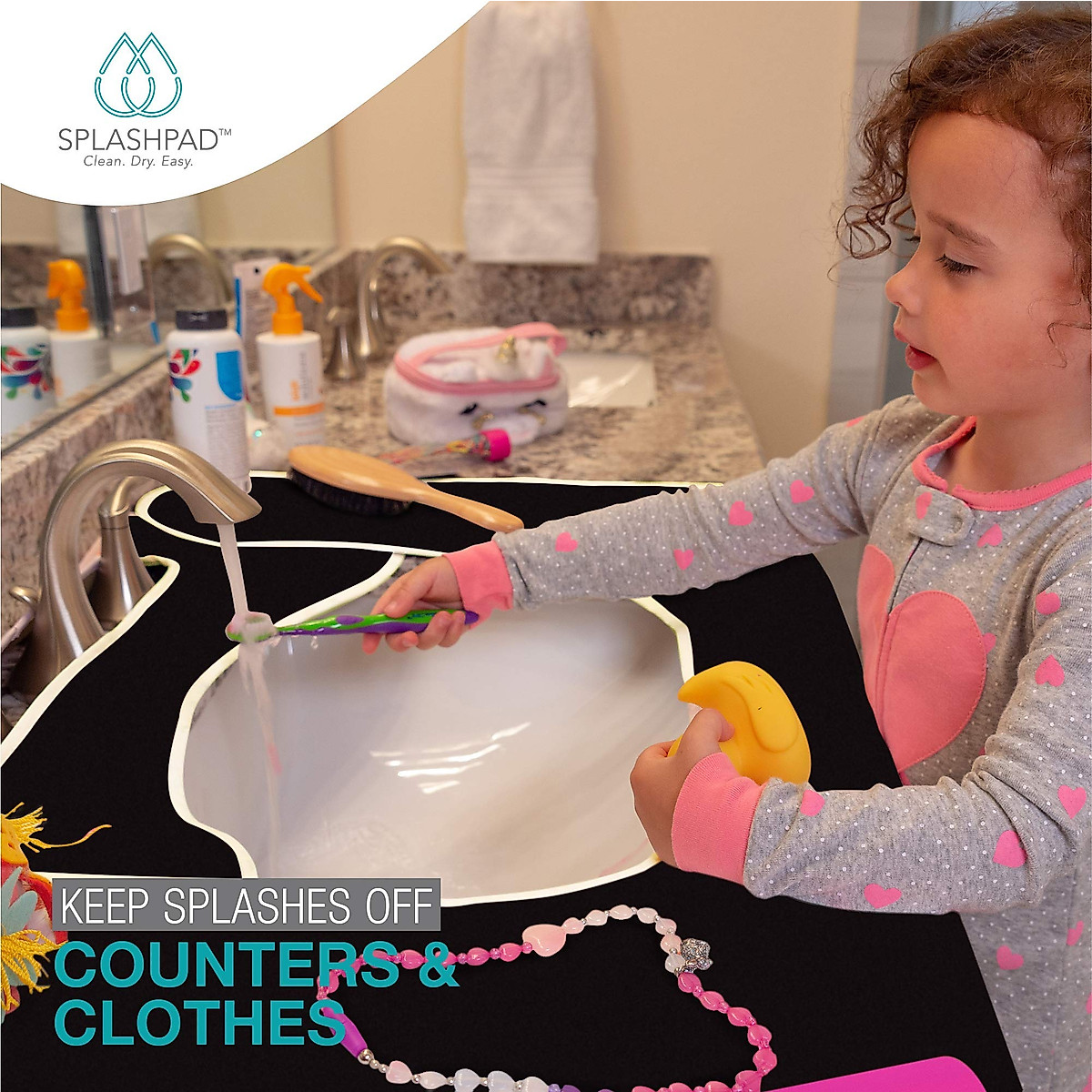 SPLASHPAD Bathroom Sink Mat - for Clean & Dry Countertops - Soft, Absorbent Microfiber, Non-Slip Rubber Grip - Children's Self Care Accessories for Hand Washing, Brushing Teeth - Solid Black