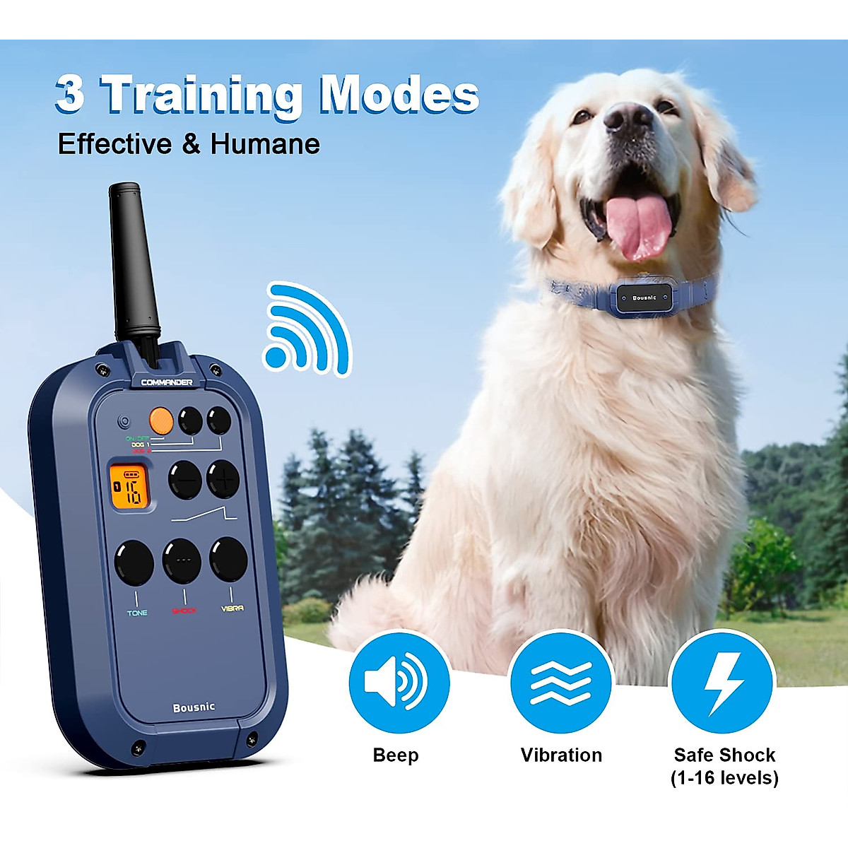 Bousnic Dog Shock Collar with Remote - ¾ Mile Electronic Training Collar for (15-140lbs) Medium Large Dogs, Waterproof Rechargeable Dog E Collar with 3 Modes, Beep, Vibration, Safe Shock(1-16 Levels)