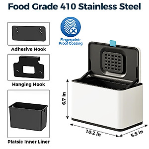 LINSSEN Stainless Steel Hanging Trash Can with Lid and Inner Bucket, 1 Gallon Kitchen Compost Bin for Counter Top, Under Sink or Wall Mount, Small Garbage Can for Cupboard/Bathroom/Bedroom/RV, White