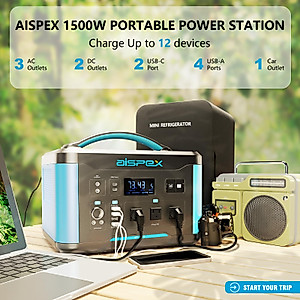 Portable Power Station 1408Wh, AISPEX Solar Generator with Jumper Starter, 110V/1500W Pure Sine Wave AC Outlet, PD 100W, Lifepo4 Battery Power Stations for Home Backup RV/VAN Camping Travel Emergency