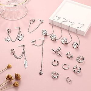 BESTEEL 16 Pcs Ear Cuff Earrings Set for Women Cuff Chain Earrings Helix Cartilage Cuff Earring Non Piercing Earring Pack Silver