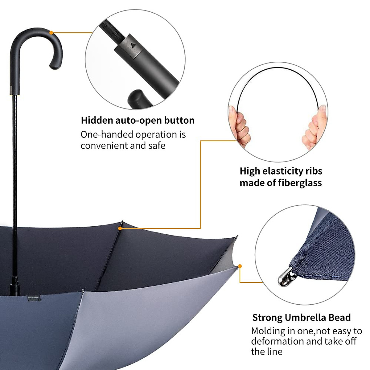 RUMBRELLA Navy Blue Hook Handle Umbrella Windproof UPF 50+, j Stick UV Umbrellas Auto Open 54IN