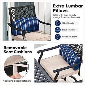 COSTWAY Outdoor Bar Chair Set of 4, 24.5 Inch Swivel Counter Height Bar Stools with Footrest, Seat Cushions & Lumbar Pillows, Metal Dining Bar Chairs for Patio, Backyard, Poolside (4)