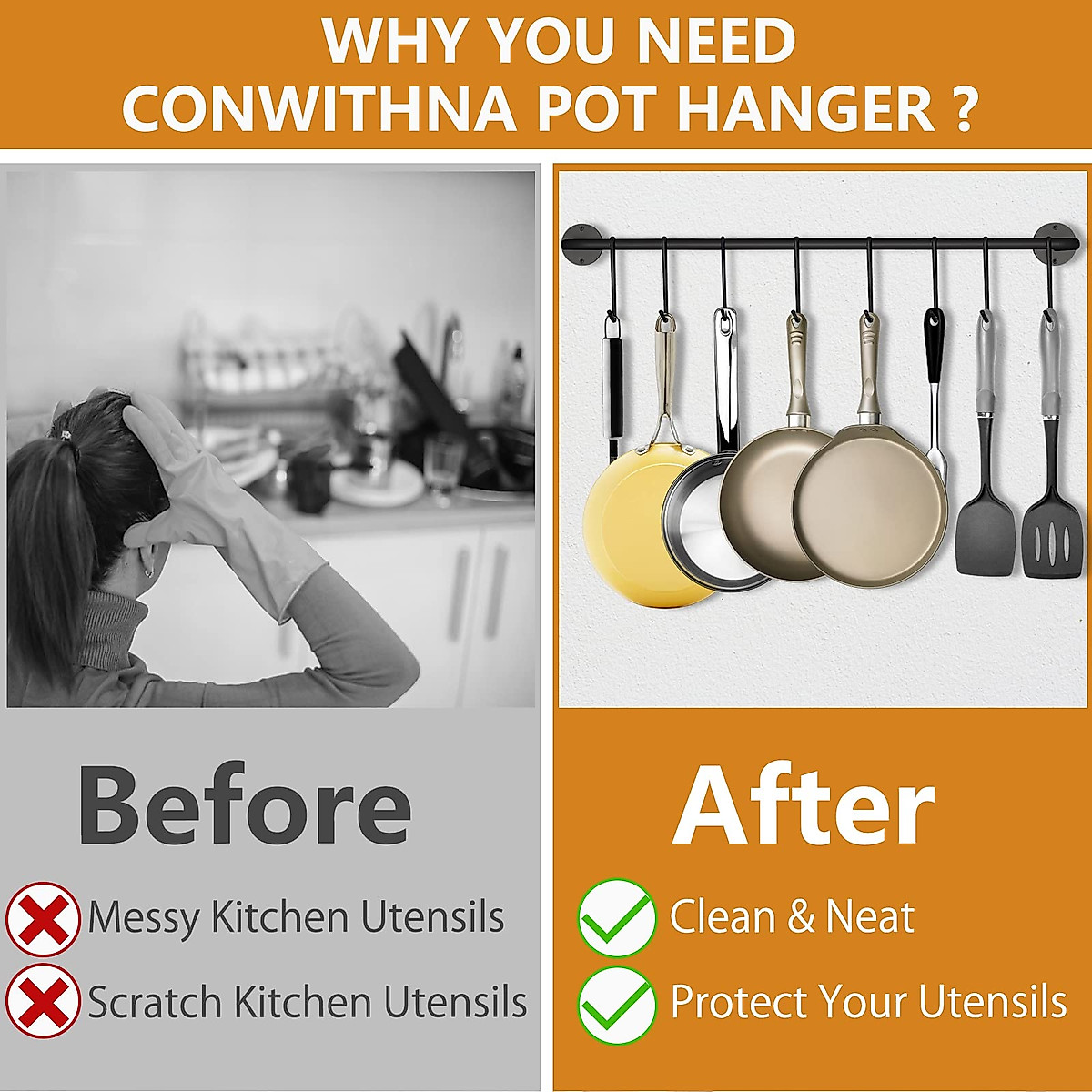 Black Steel-made Kitchen Utensil Rack Organizer Wall-mounted Pot Pan Wall Hanger Holder For Hanging Rail with 10 S Hooks