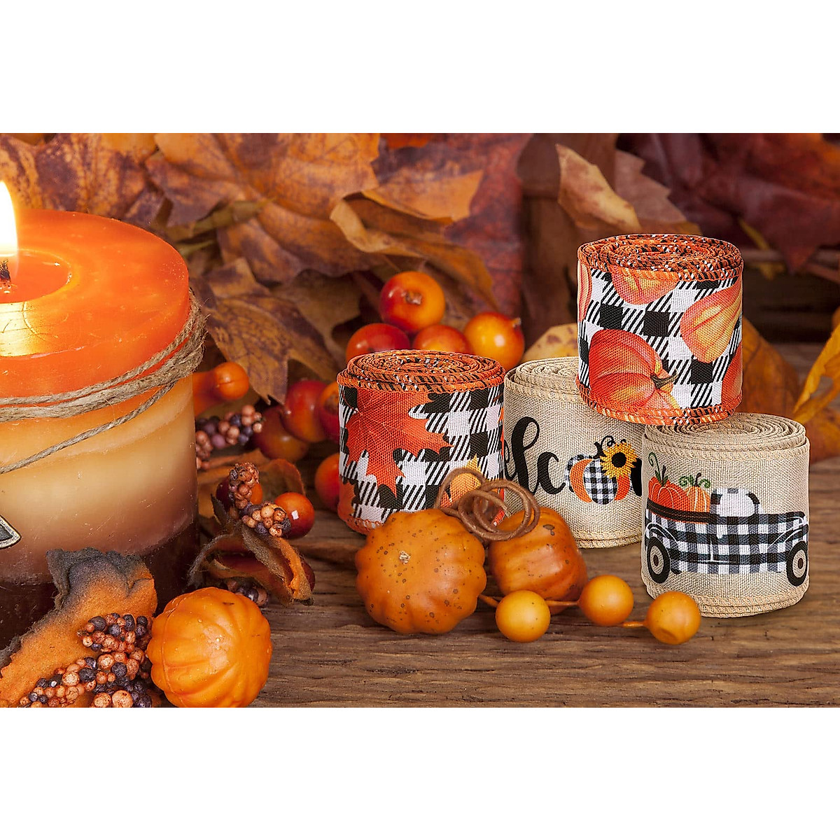 Whaline 30 Yard Fall Thanksgiving Wired Edge Ribbon White Black Buffalo Plaids Ribbon Autumn Leaves Pumpkin Truck Craft Ribbon Rustic Vintage Farmhouse Wrapping Ribbon for Wreath Floral Bow, 4 Rolls
