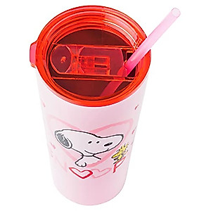 Silver Buffalo Peanuts Snoopy Woodstock Hearts Double Walled Stainless Steel Tumbler w/Straw, 22 Ounces